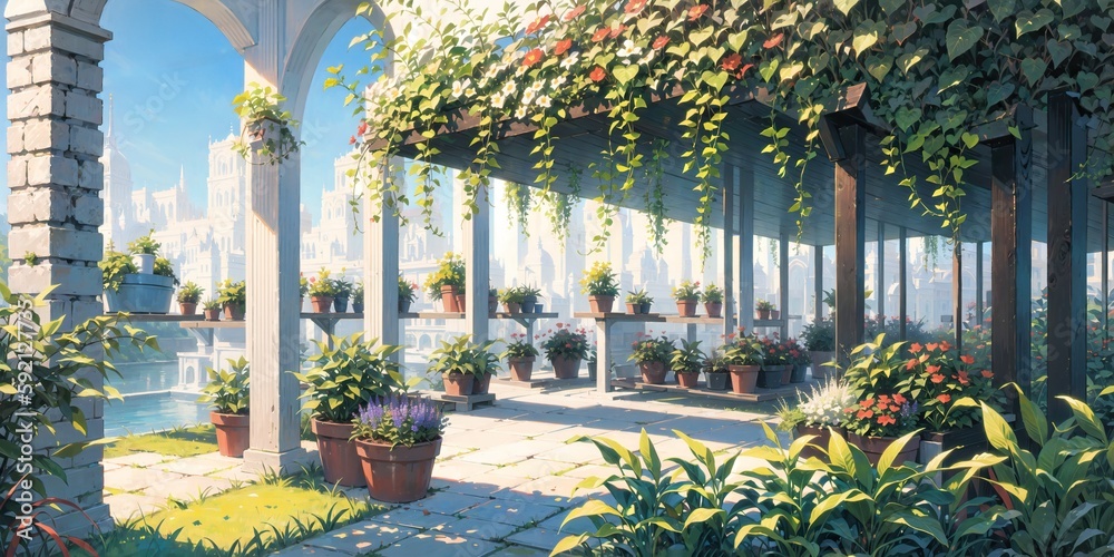 anime style background, landscape, park, greenhouse, garden, backyard ...