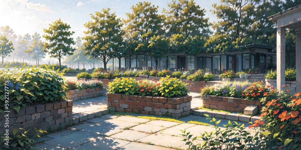 anime style background, landscape, park, greenhouse, garden, backyard ...