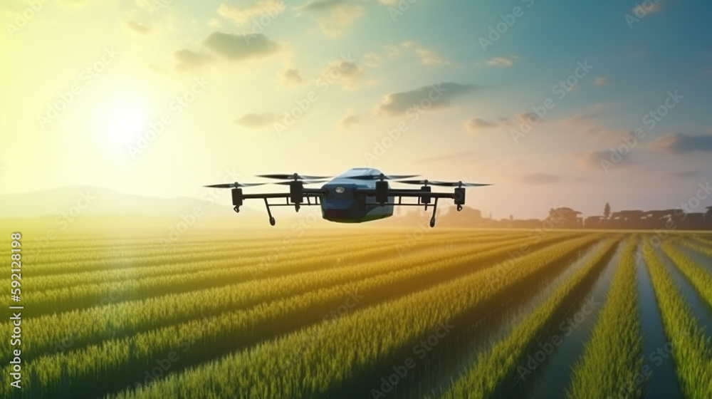 Agriculture drone flying on rice farm to sprayed fertilize. AI ...