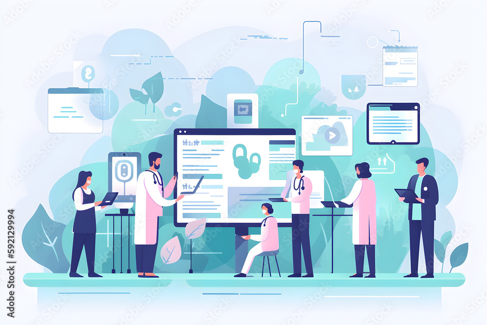 Flat vector illustration Doctors, nurses and team working on tablet for ...