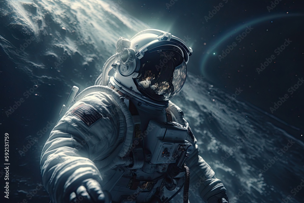 Astronaut on a rock surface with a space background. an astronaut ...