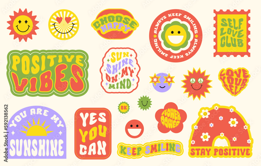 Trendy colorful set stickers with smiling face and text. Collection of ...