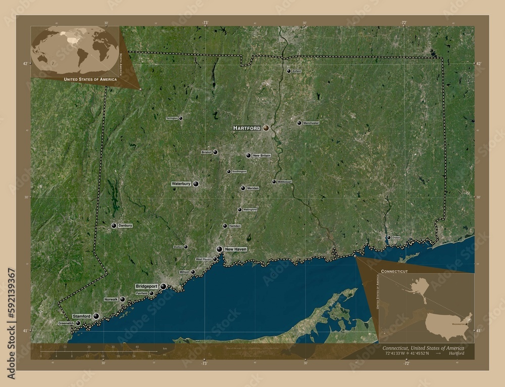 Connecticut, United States of America. Low-res satellite. Labelled ...
