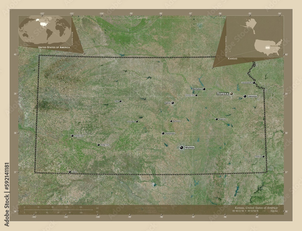 Kansas, United States of America. High-res satellite. Labelled points ...