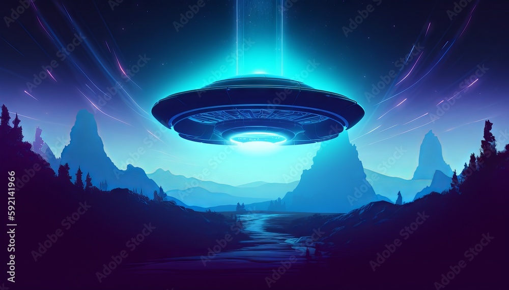 image of an illuminated UFO spaceship emerging from a portal in the sky ...