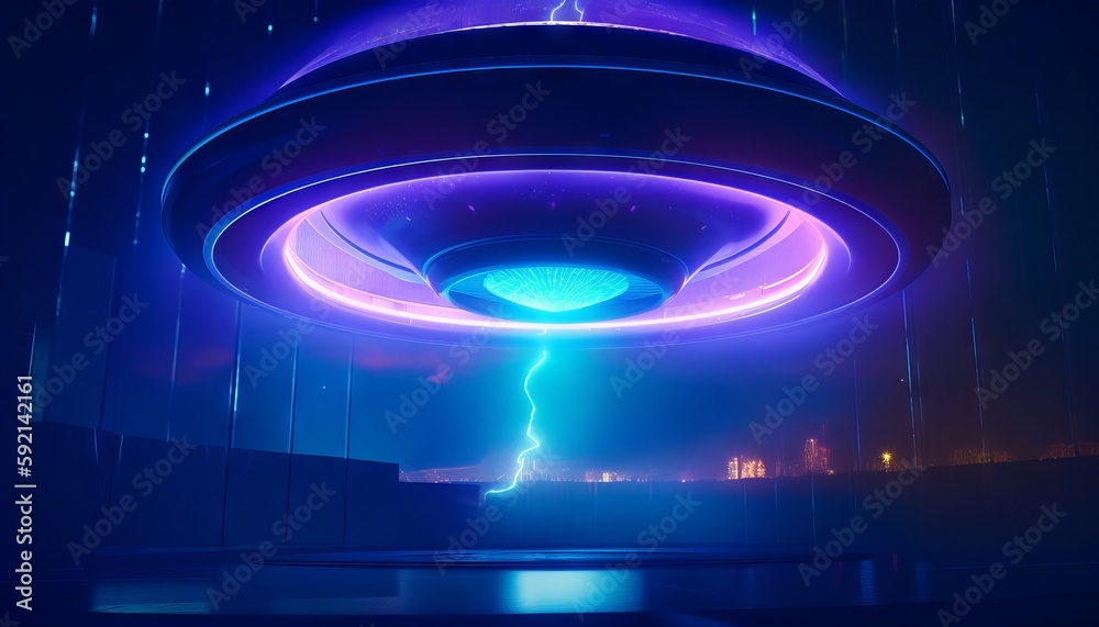 image of an illuminated UFO spaceship emerging from a portal in the sky ...