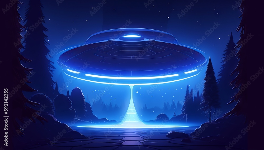 image of an illuminated UFO spaceship emerging from a portal in the sky ...
