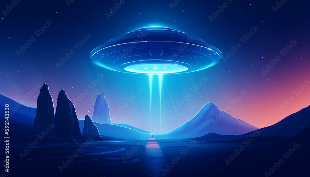 image of an illuminated UFO spaceship emerging from a portal in the sky ...