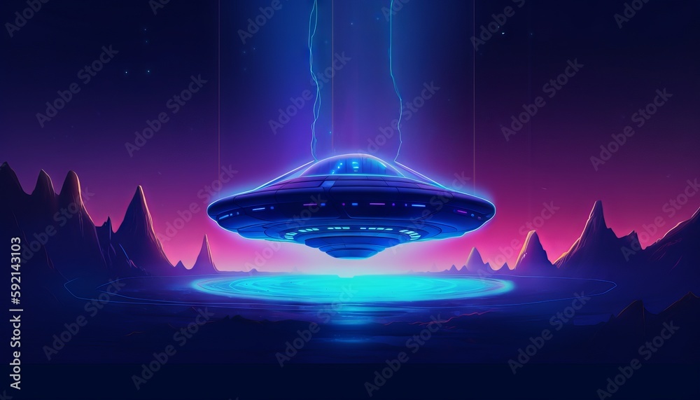 image of an illuminated UFO spaceship emerging from a portal in the sky ...