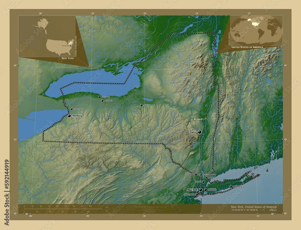 New York, United States of America. Physical. Labelled points of cities ...
