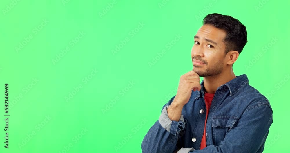 Thinking, face and man with idea in green screen studio unsure ...