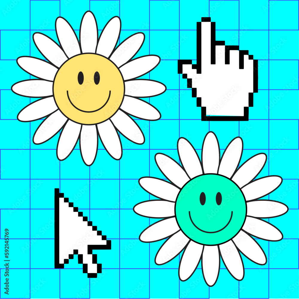 y2k aesthetic patterns with smiley face flowers and cursors Stock Vector | Adobe Stock
