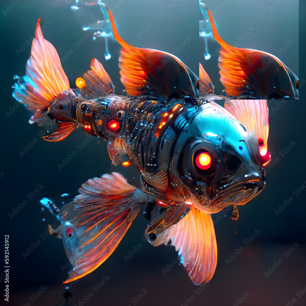 flying robot koi fish with armour plating neon glowing eyes and wiring ...