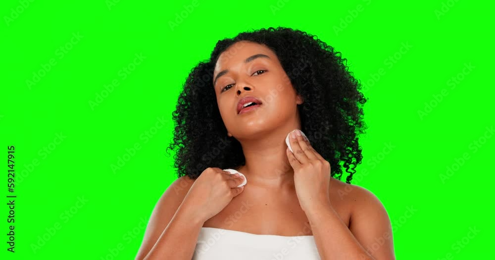 Video Stock Face, green screen and woman with cosmetics, cotton pad and ...