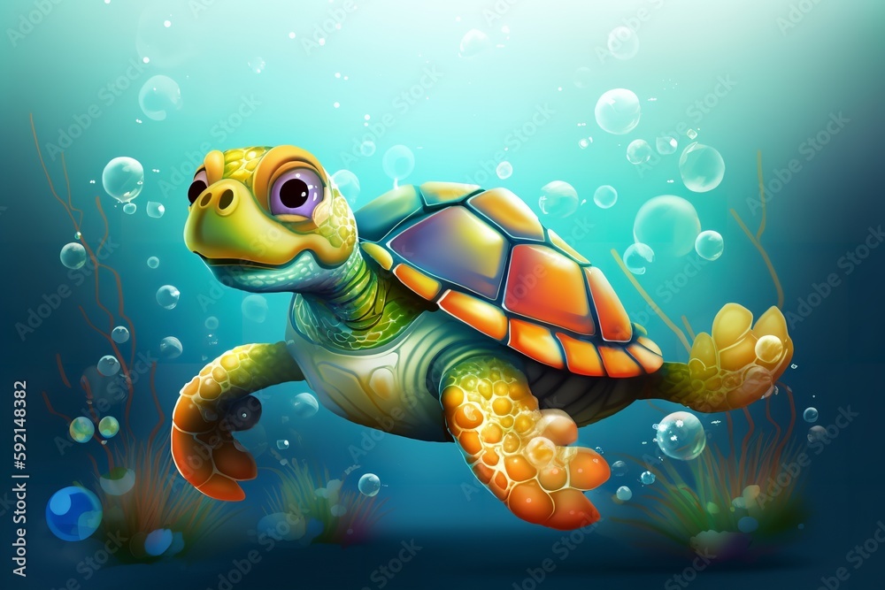 Adorable Cartoon Sea Turtle Blowing Bubbles in the Blue Ocean Water ...