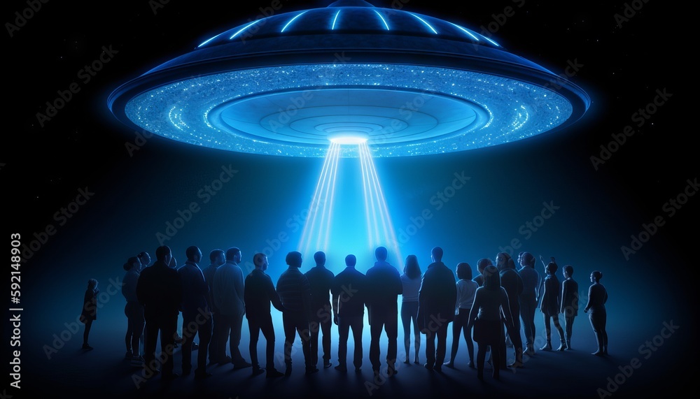 image of an illuminated UFO spaceship surrounded by a group of humans ...
