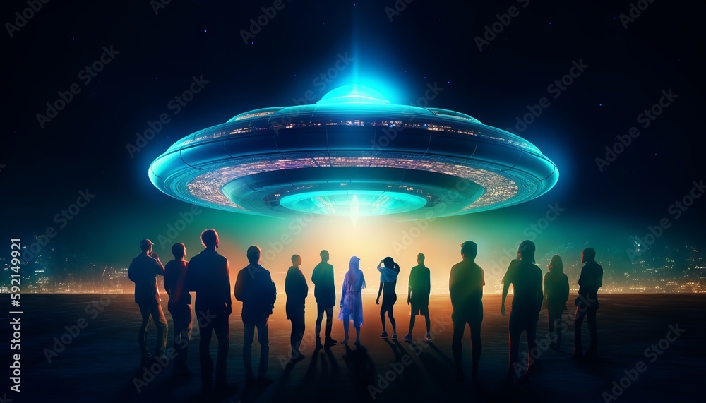 image of an illuminated UFO spaceship surrounded by a group of humans ...