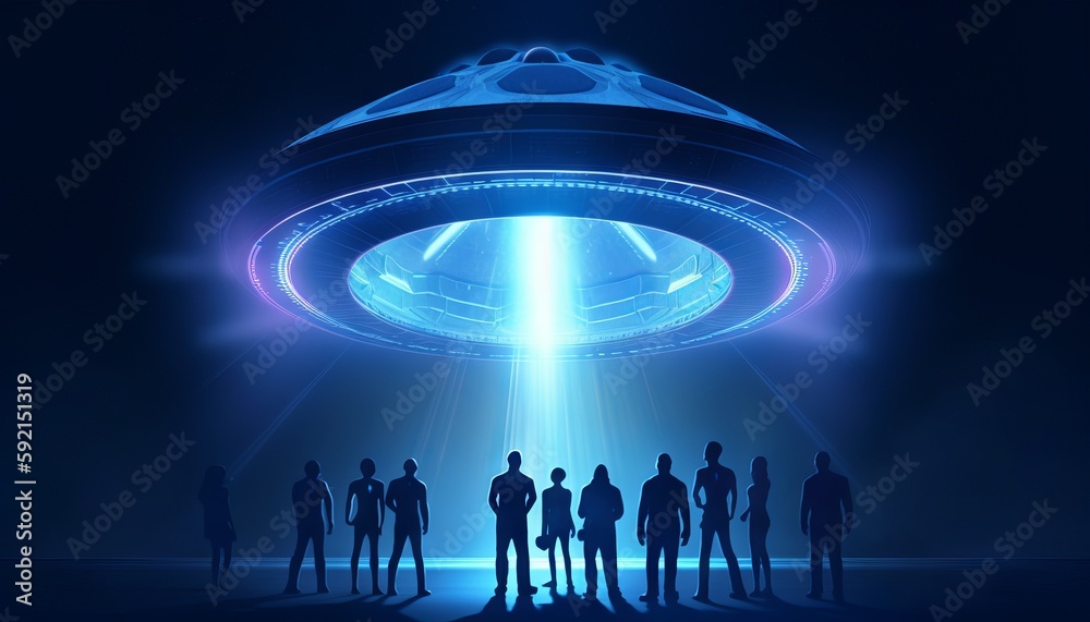 image of an illuminated UFO spaceship surrounded by a group of humans ...