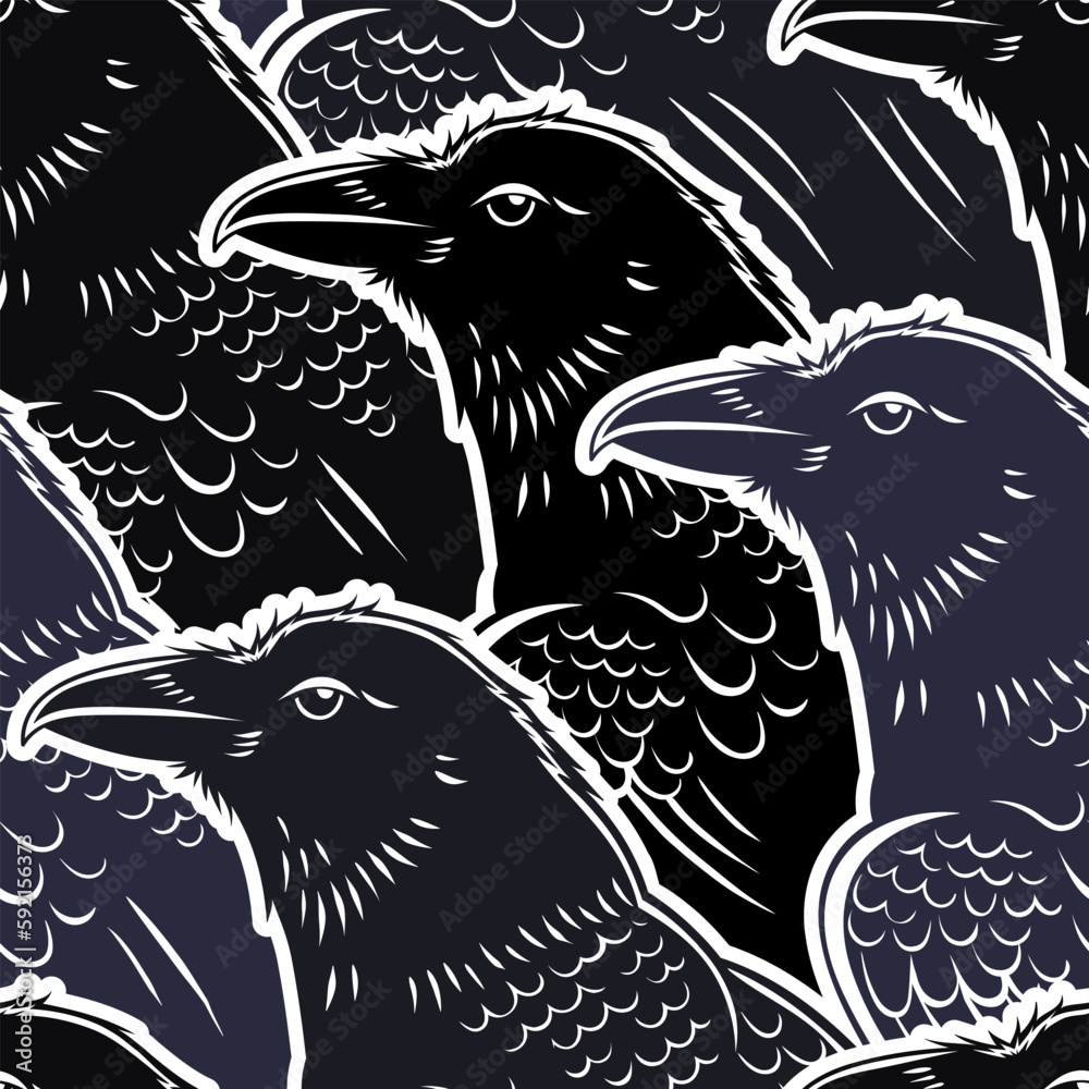 Vector Black and white Crow Seamless Pattern Stock Vector | Adobe Stock