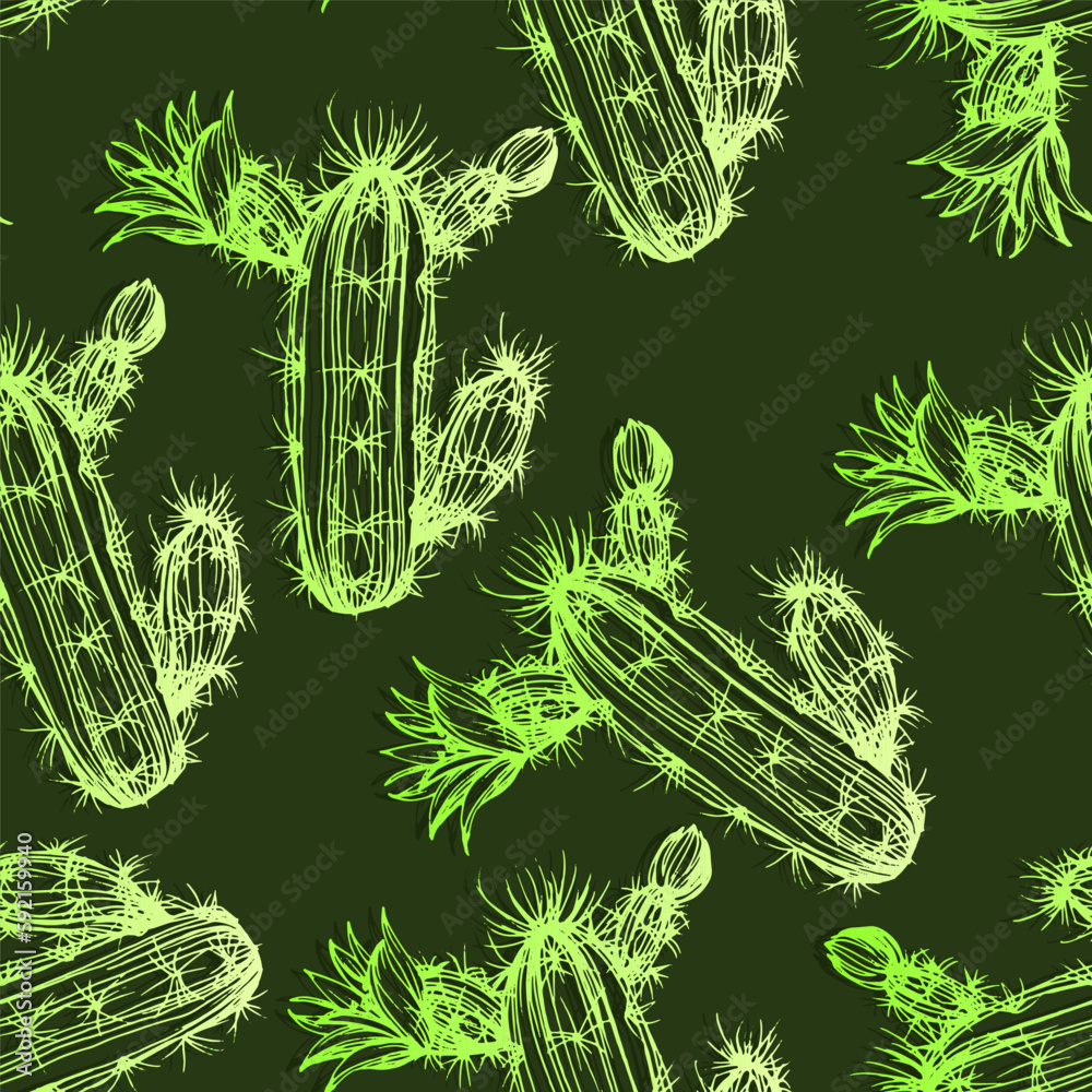 Vector seamless pattern with different cactus. Bright repeated texture with green cacti. Natural ...