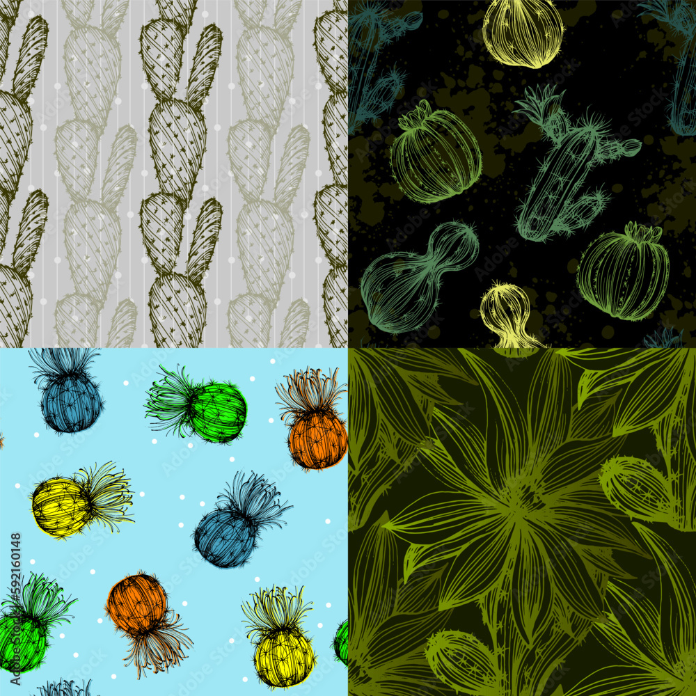 Vector seamless pattern with different cactus. Bright repeated texture with green cacti. Natural ...
