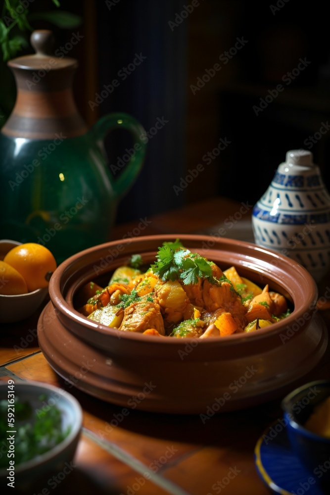 Tajine marocain, poulet légumes et coriandre, dans un plat en terre ...
