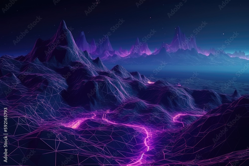 Neon Mountains: A 3D Rendering of Unreal Landscape in Abstract Virtual ...