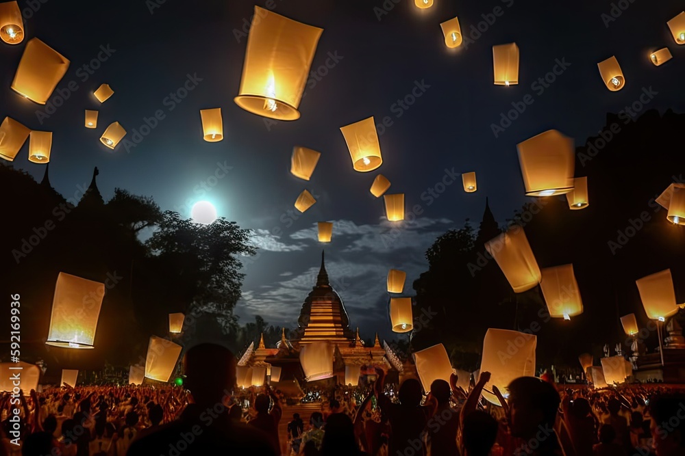 Buddhists Release Lanterns at Borobudur on Vesak Day. Photo generative AI Stock Illustration ...