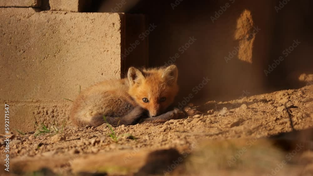 An American Red Fox (Vulpes vulpes fulva) cub curled up on the floor ...