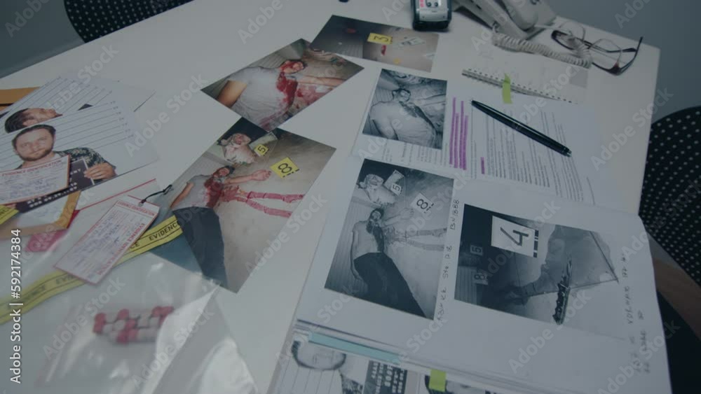 Crime scene photos, mugshots of suspect, interrogation report, knife ...