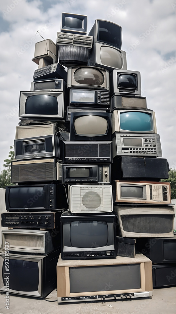 Vintage television and radio tower. Vintage TV sets arranged vertically ...