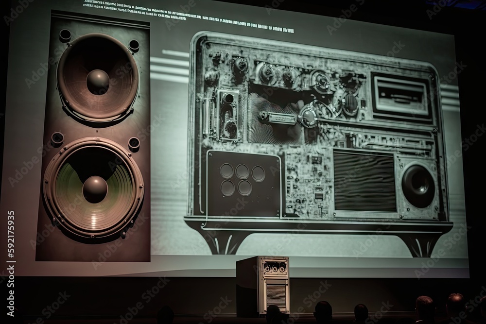 audio speaker onstage, showcasing the evolution of music technology ...