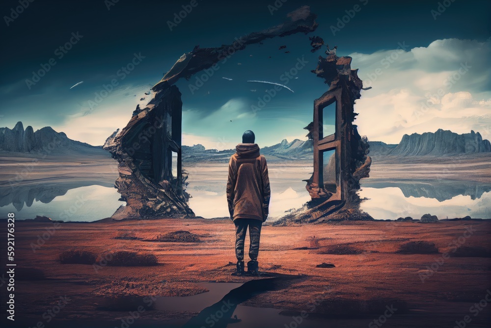 person, struggling with hallucinations and delusions, in dystopian ...