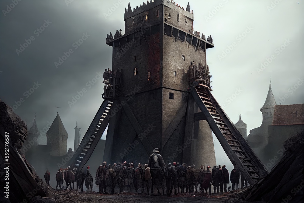 siege tower being lowered, with troops ready to storm castle walls ...
