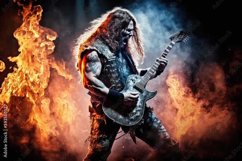 heavy metal guitarist, with flames and smoke in the background ...