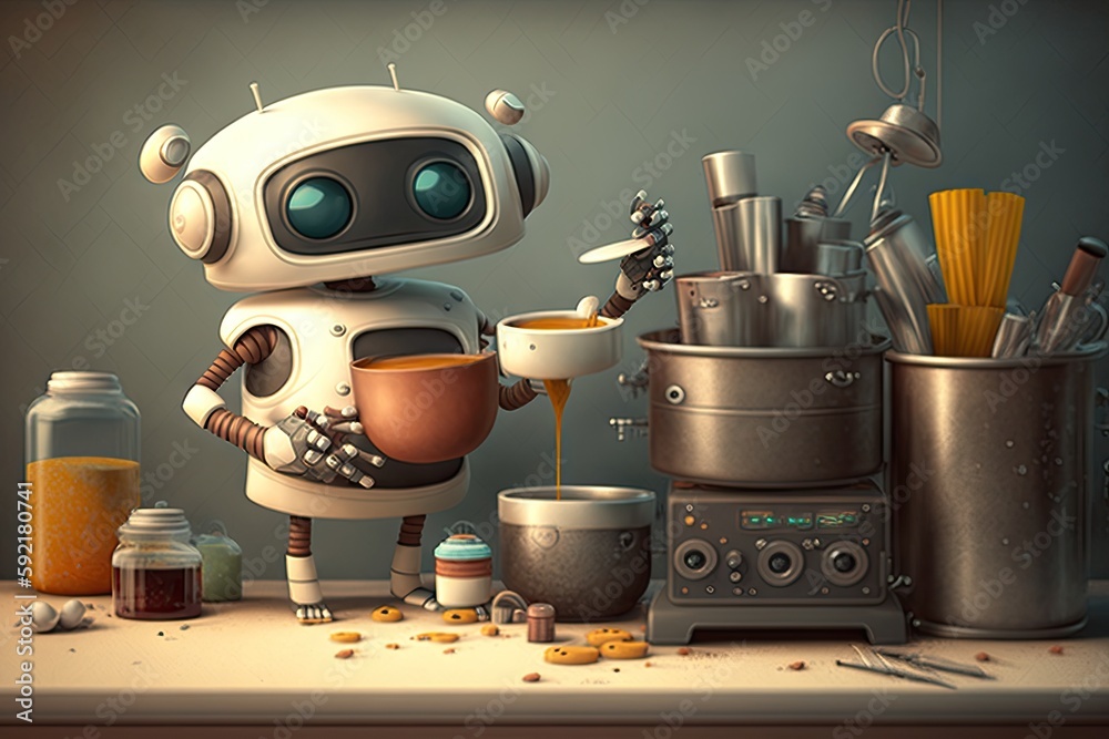 cute robot assistant, cooking up a storm in the kitchen, with ...