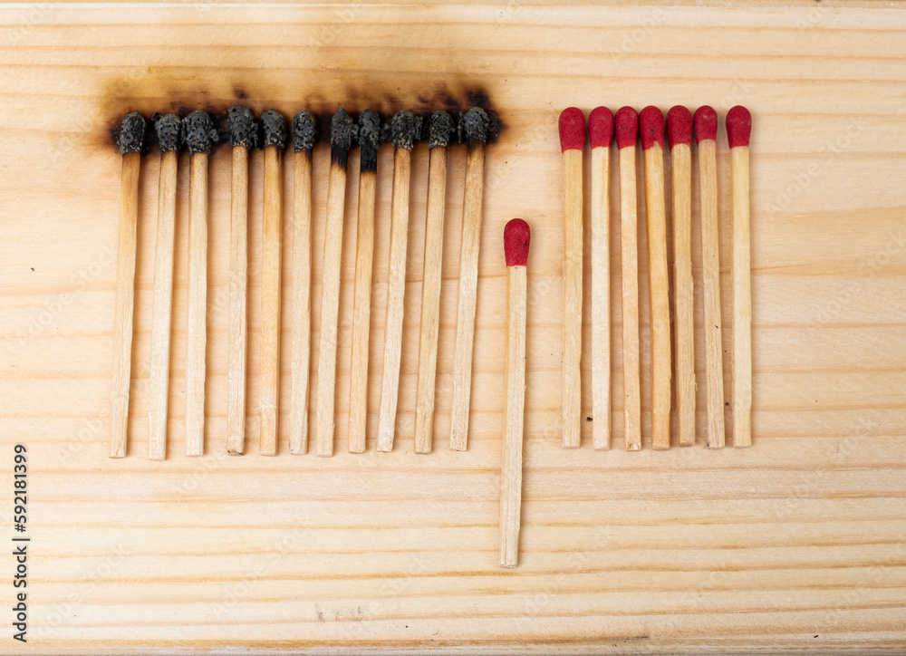 Row of burning matches and all matches on white background. spread of ...