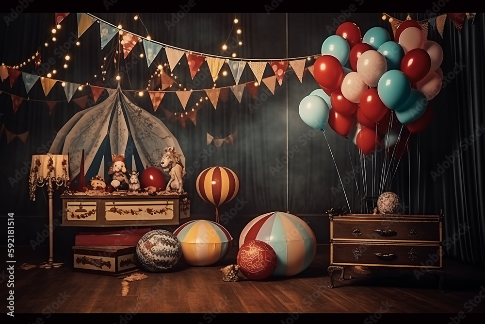 Vintage Circus as photography backdrop balloons and circus items ...