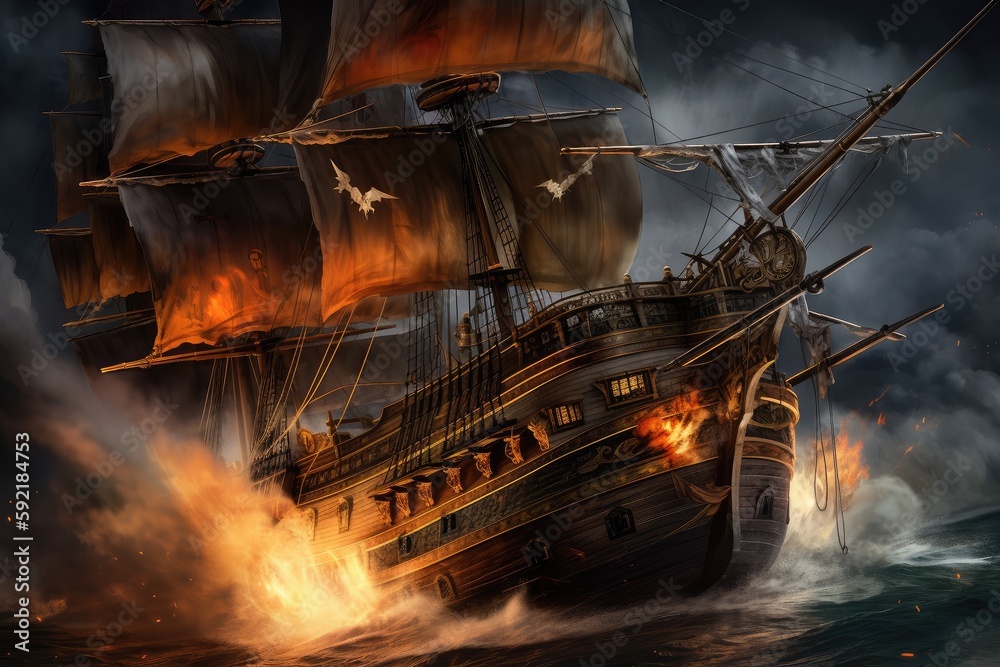 pirate ship under attack from enemy fire, with smoke and flames ...