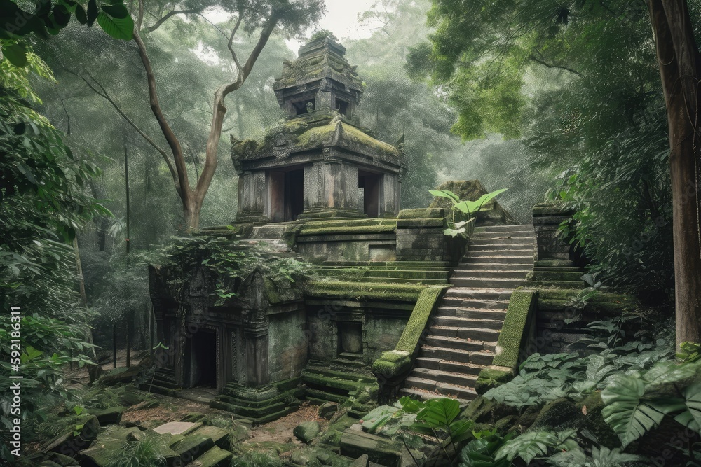ancient temple, surrounded by lush greenery and towering trees, created ...