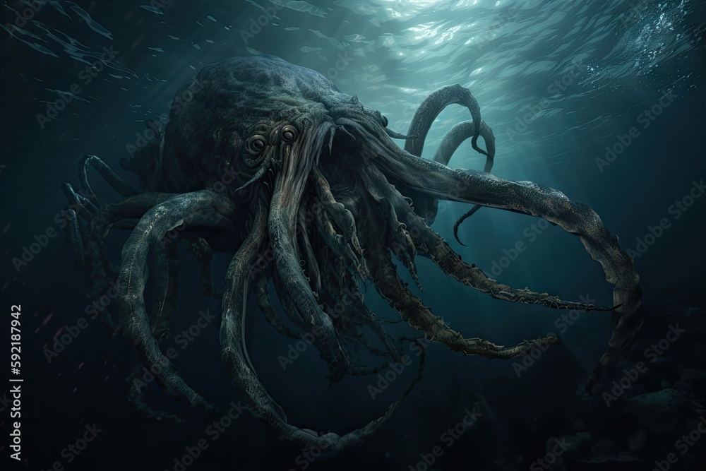sea monster emerging from the depths, with its massive body and long ...