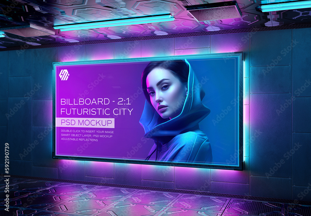Cyberpunk Panoramic Billboard Mockup in Futuristic City Stock Template ...