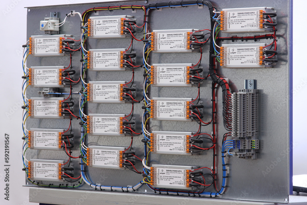 Metal panel with installed Arlight power supplies for dimming lighting ...
