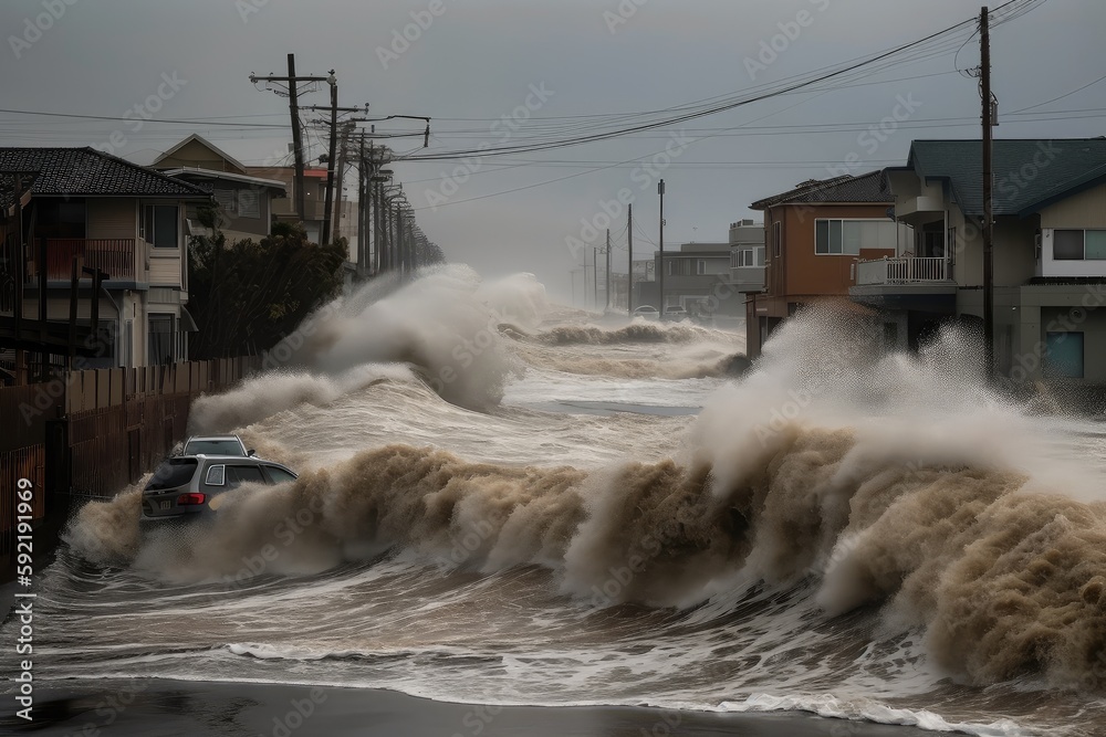 Tsunami Waves Crash Over Seawalls Flooding Coastal Cities And Towns