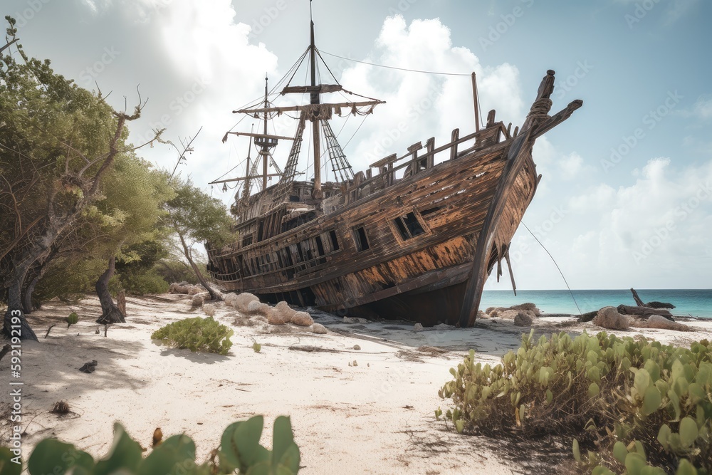 pirate ship, deserted and decaying on deserted island, created with ...