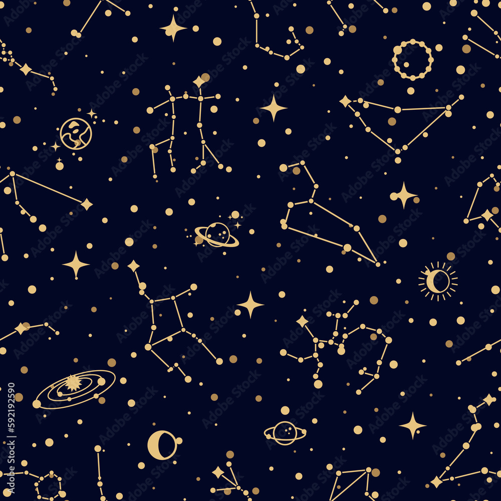 Constellation pattern, vector seamless background with zodiac star ...