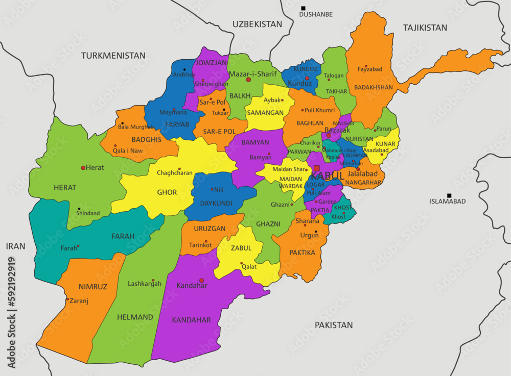 Colorful Afghanistan political map with clearly labeled, separated ...