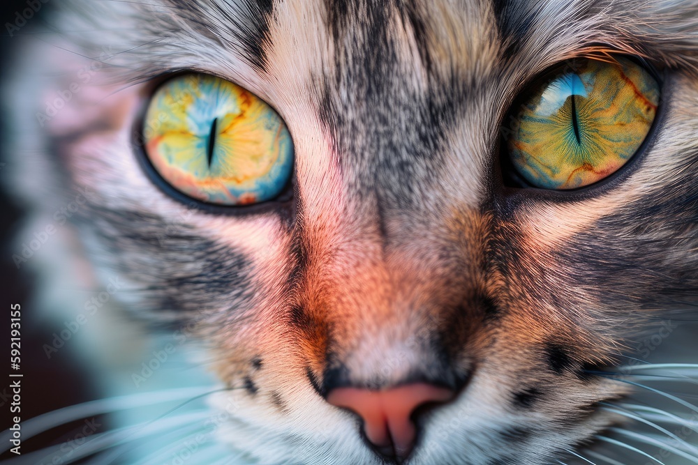trippy cat, with its eye pupils dilated, staring into the camera ...