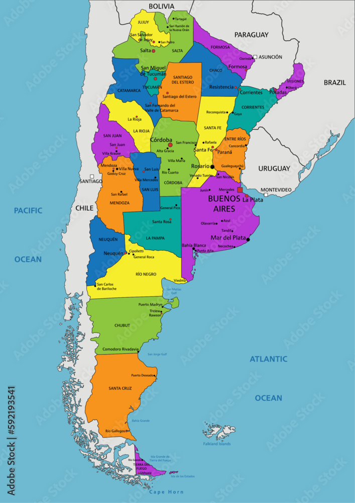 Colorful Argentina political map with clearly labeled, separated layers ...