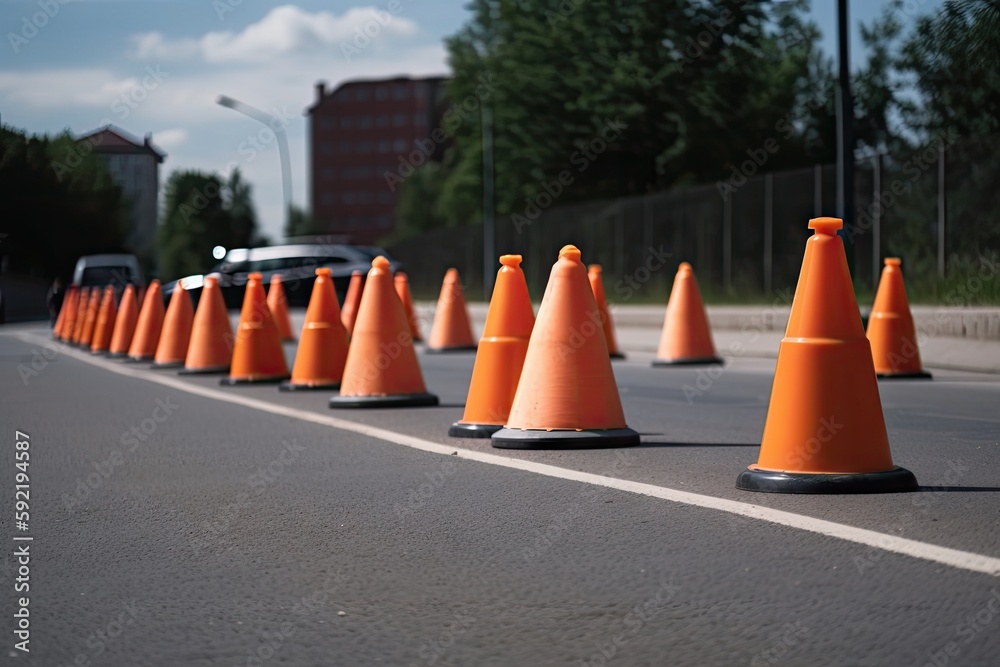 traffic cones in a row, creating temporary barrier on the road, created ...